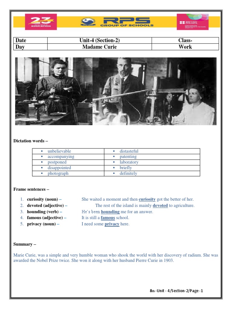 Class8th - Unit4 - Section2 - August 2 Week Planning | PDF | Marie Curie | Linguistics