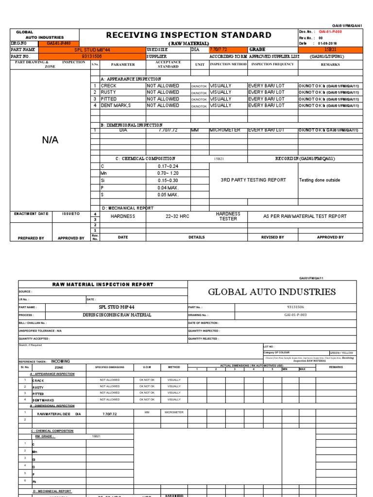 Receiving Inspection Standard: (Raw Material) Grade | Download Free PDF ...