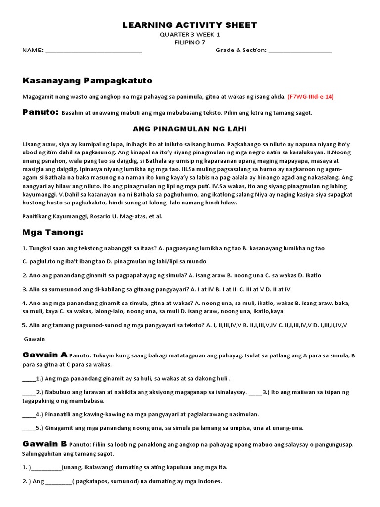 FILIPINO 7 Week 1 To 5 | PDF