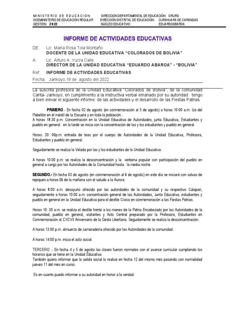 INFORME DE ACTIVIDADES EDUCATIVAS Del 2020 | PDF