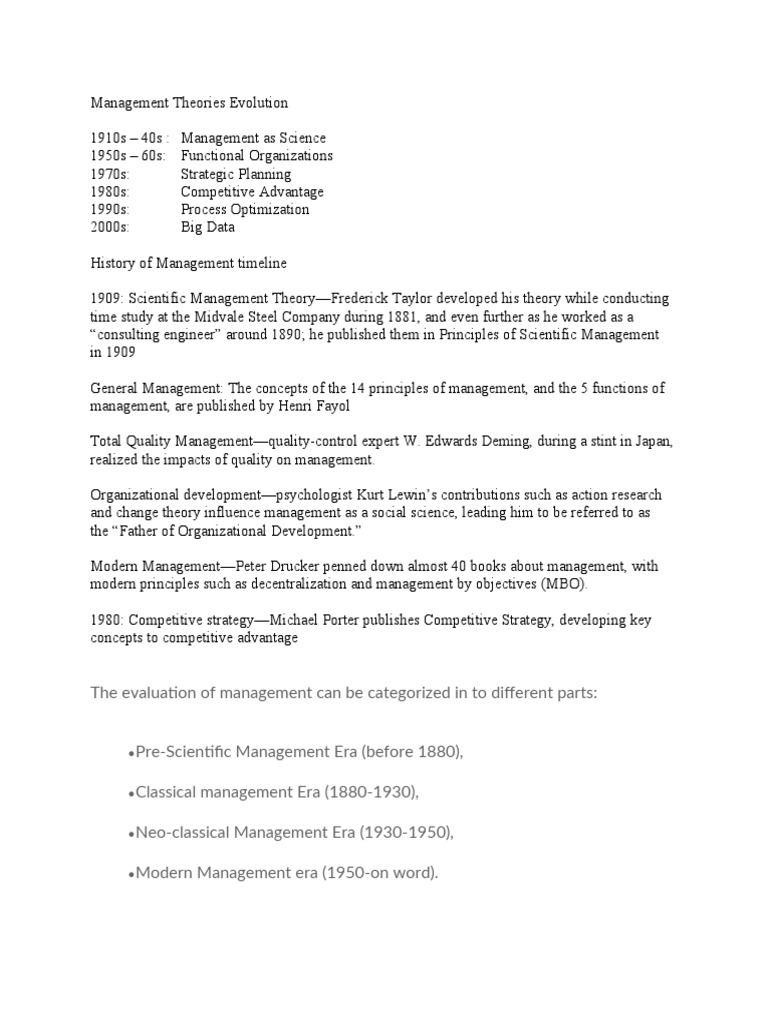 Evolution of Management Theories Timeline | PDF | Leadership | System
