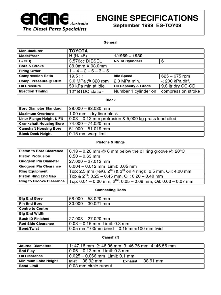 Toyota H Diesel Engine Specs | PDF | Piston | Internal Combustion Engine