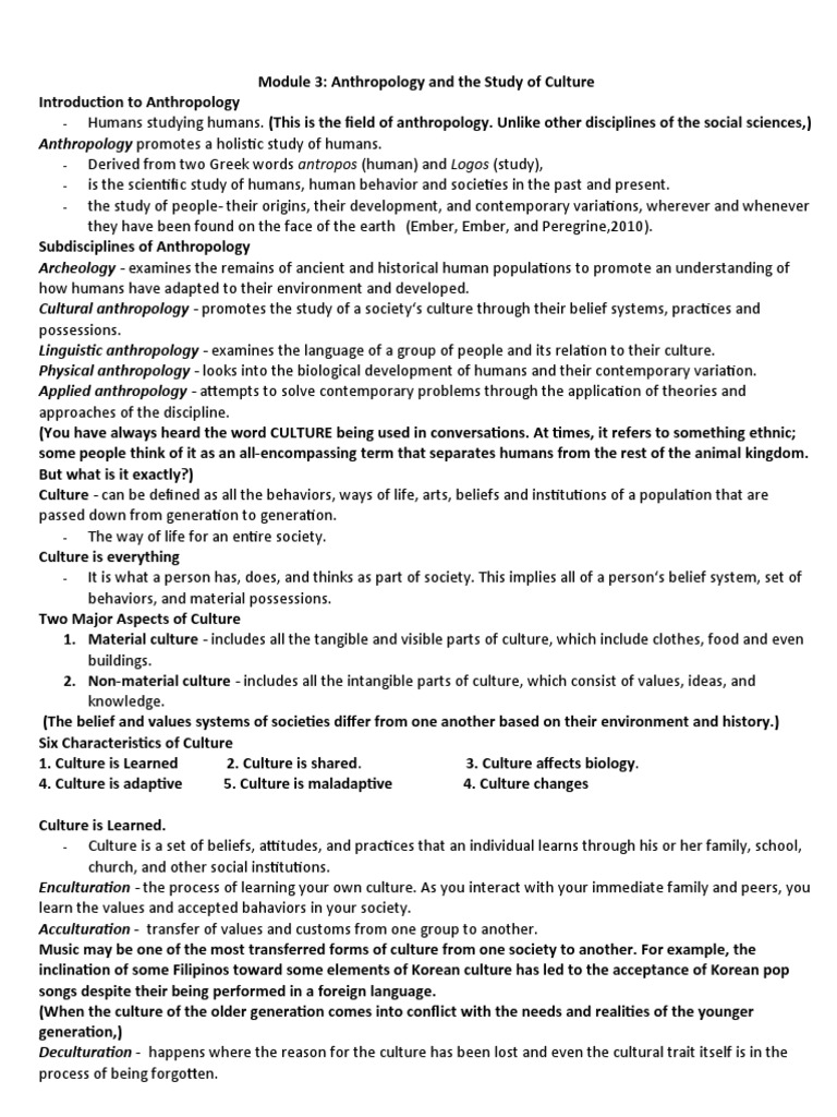 Module 3 Anthropology and The Study of Culture | PDF | Anthropology | Human