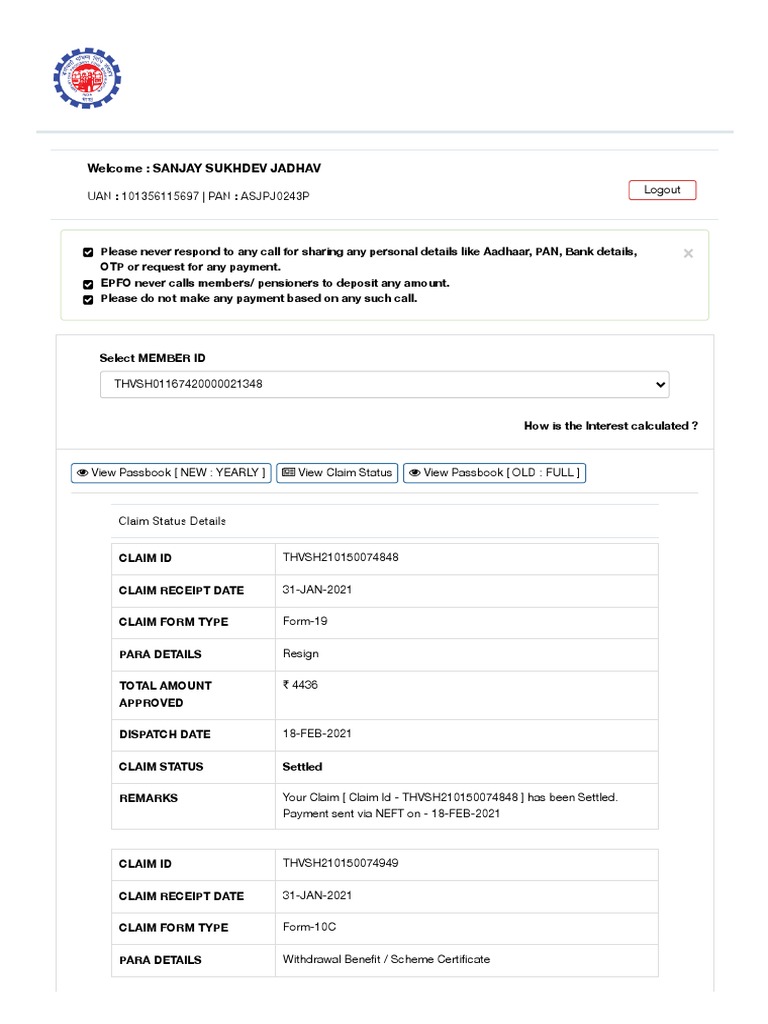 EPFO - Member Passbook & Claim Status | PDF | Financial Services