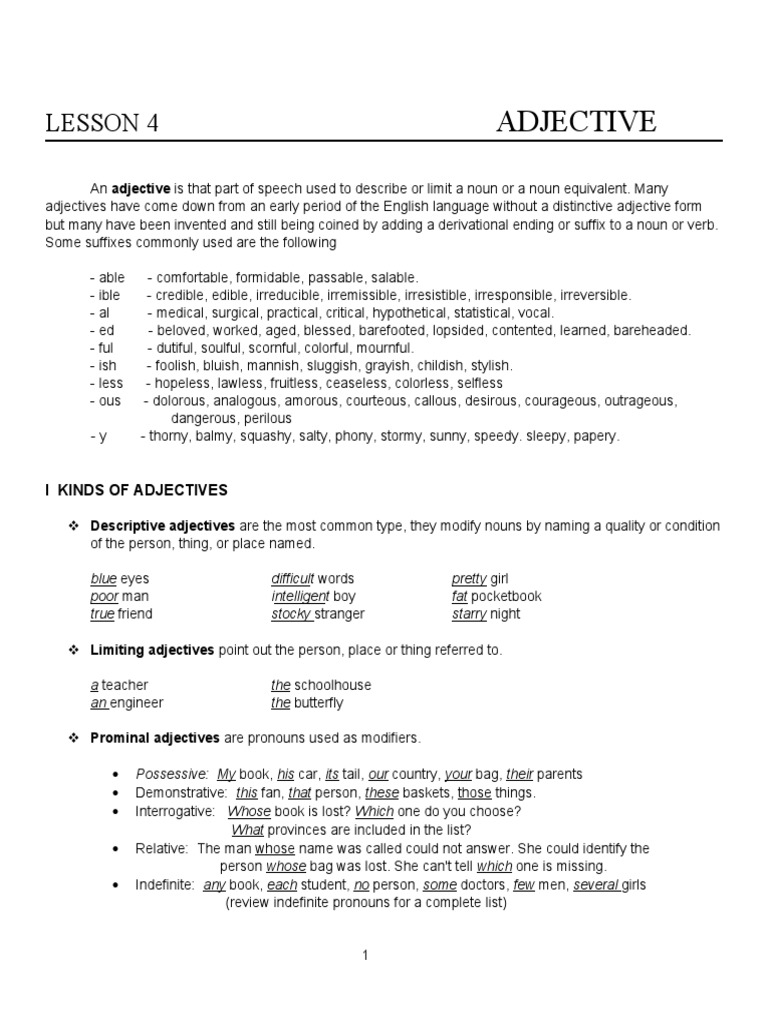 ADJECTIVE - Lesson 4 | PDF | Adjective | Noun