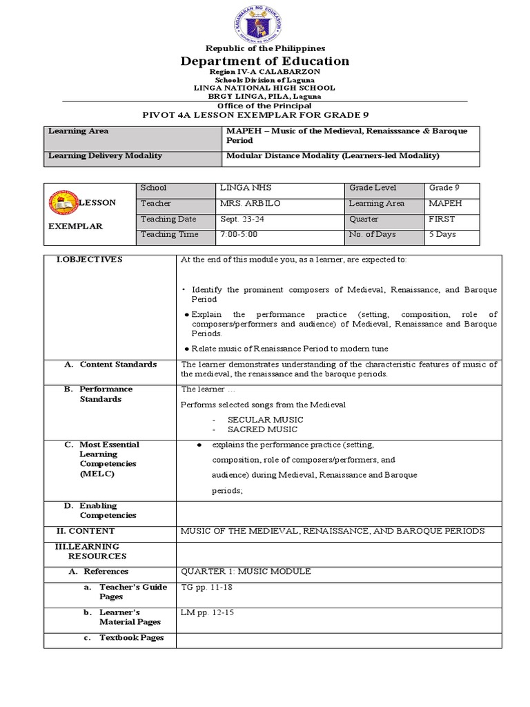 MUSIC 9 WEEK 1 Lesson Exemplar | PDF | Composers | Learning