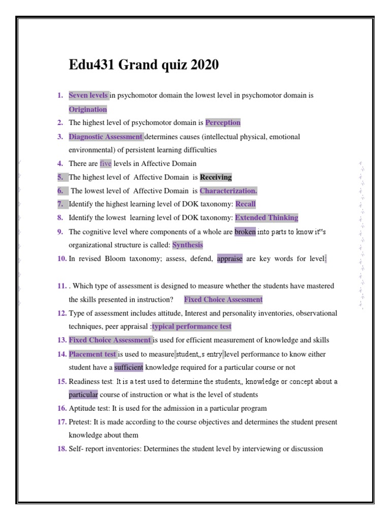 Edu431 Grand Quiz 2020 | PDF | Educational Assessment | Test (Assessment)