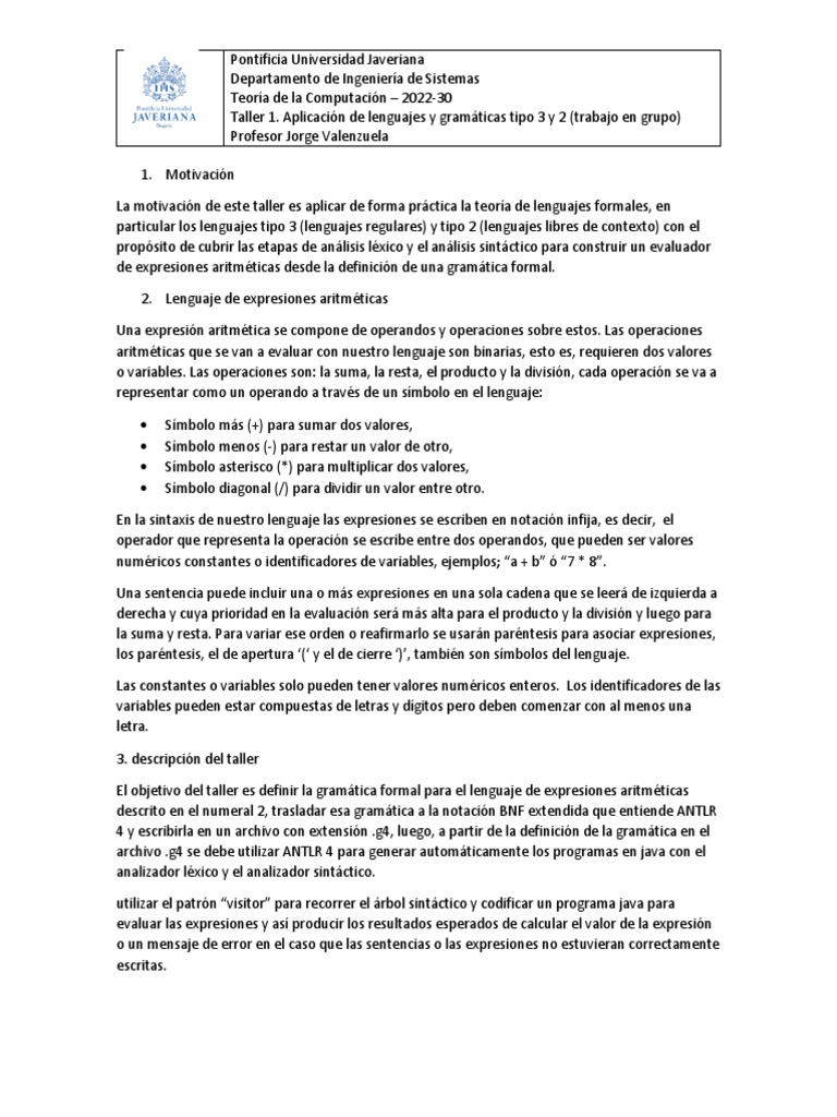 Taller 2 Lexer Parser | PDF | Lenguaje de programación | Compilador