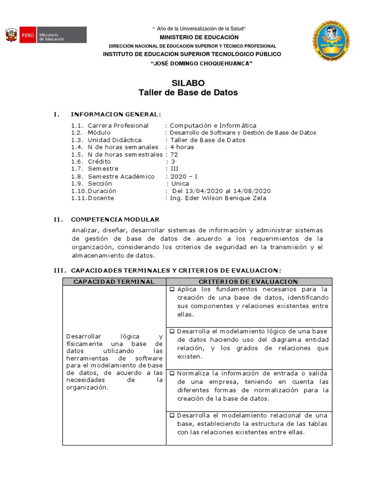 Silabo Taller de Base de Datos | PDF | Bases de datos | Informática