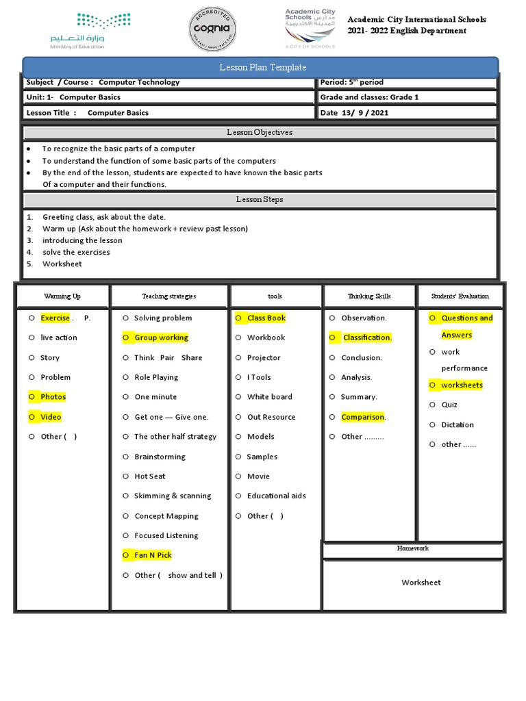 Computer U1 L2 Lesson Plan Grade 1 | PDF | Lesson Plan | Worksheet