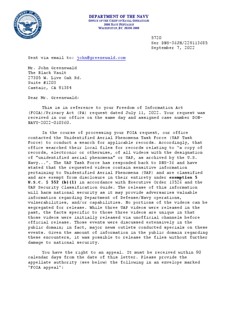 US Navy FOIA Denial | PDF | Freedom Of Information Act (United States ...