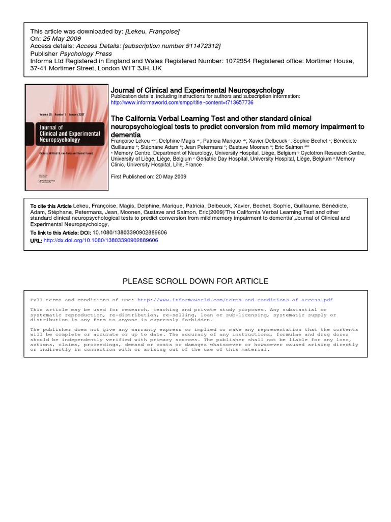 The California Verbal Learning Test and | PDF | Recall (Memory ...