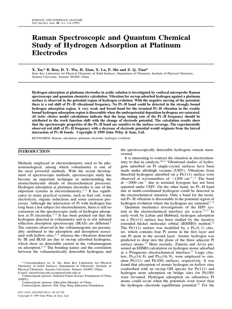 Raman Spectroscopic and Quantum Chemical Study of Hydrogen Adsorption at Platinum Electrodes ...
