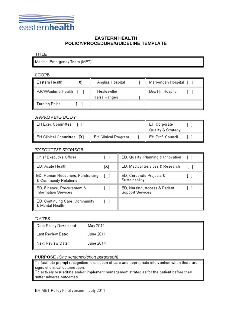 Eastern Health MET Policy | PDF | Patient | Intensive Care Unit