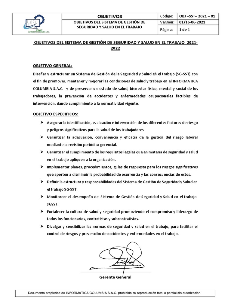 Ic - Obj - SST - 2021 - 01 - Objetivos Del SG SST | PDF | Negocios