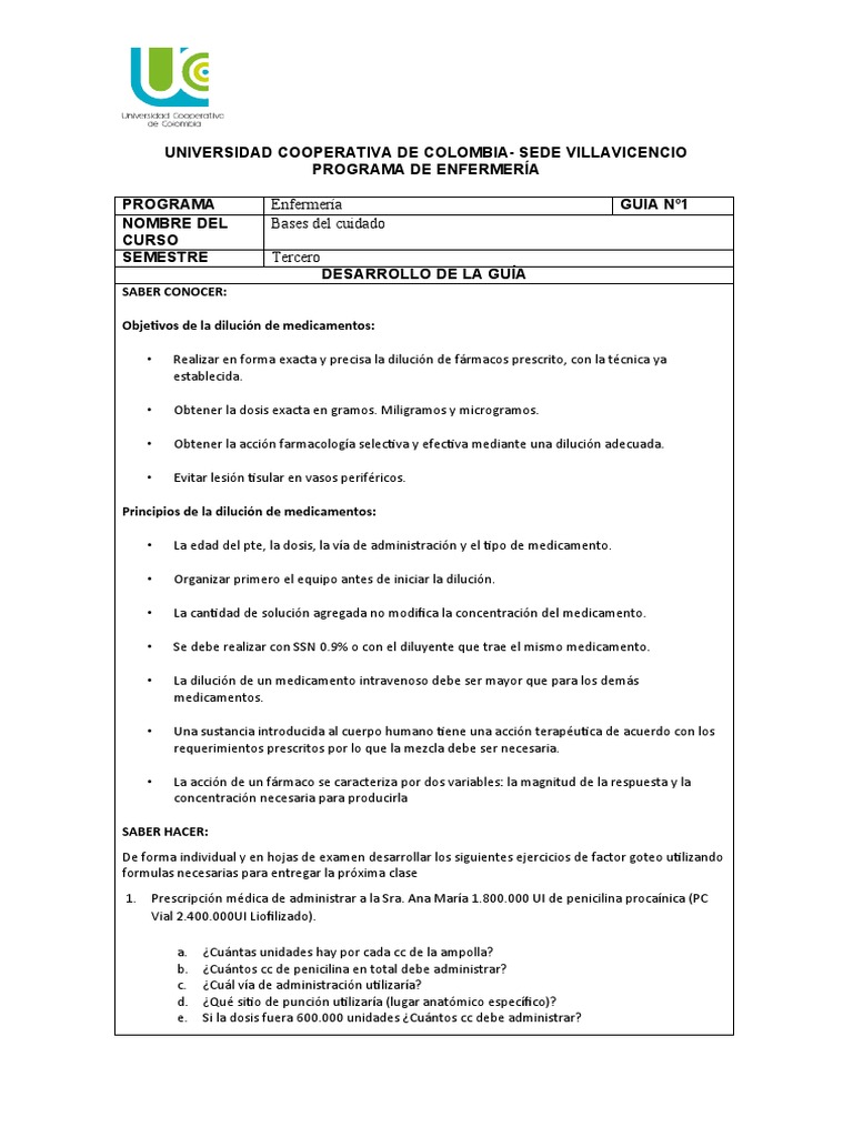Guía de Dilución de Medicamentos en Enfermería | PDF | Medicamentos con ...