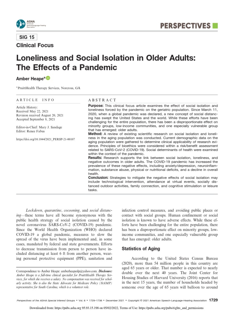 Loneliness and Social Isolation in Older Adults-The Effects of A Pandemic | Download Free PDF ...