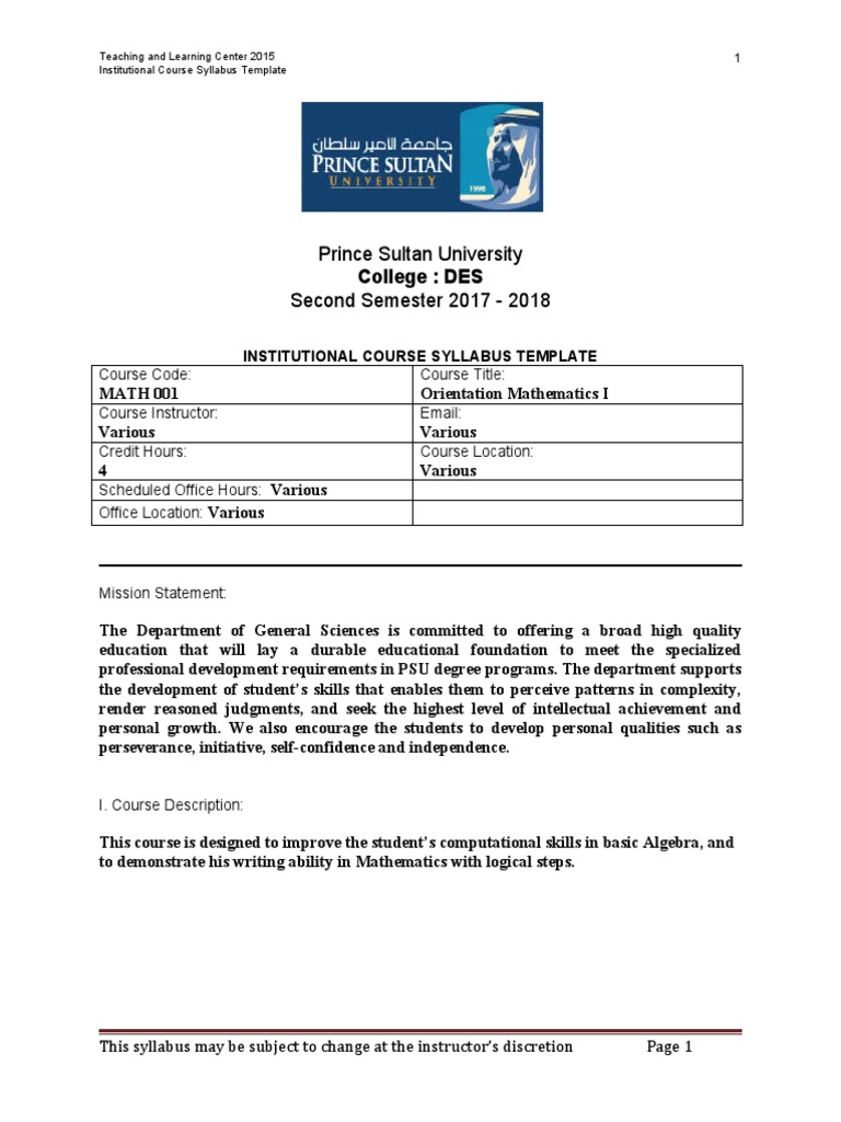 172 - PSU InstitutionalCourseSyllabus - MATH 001 Latest | PDF ...