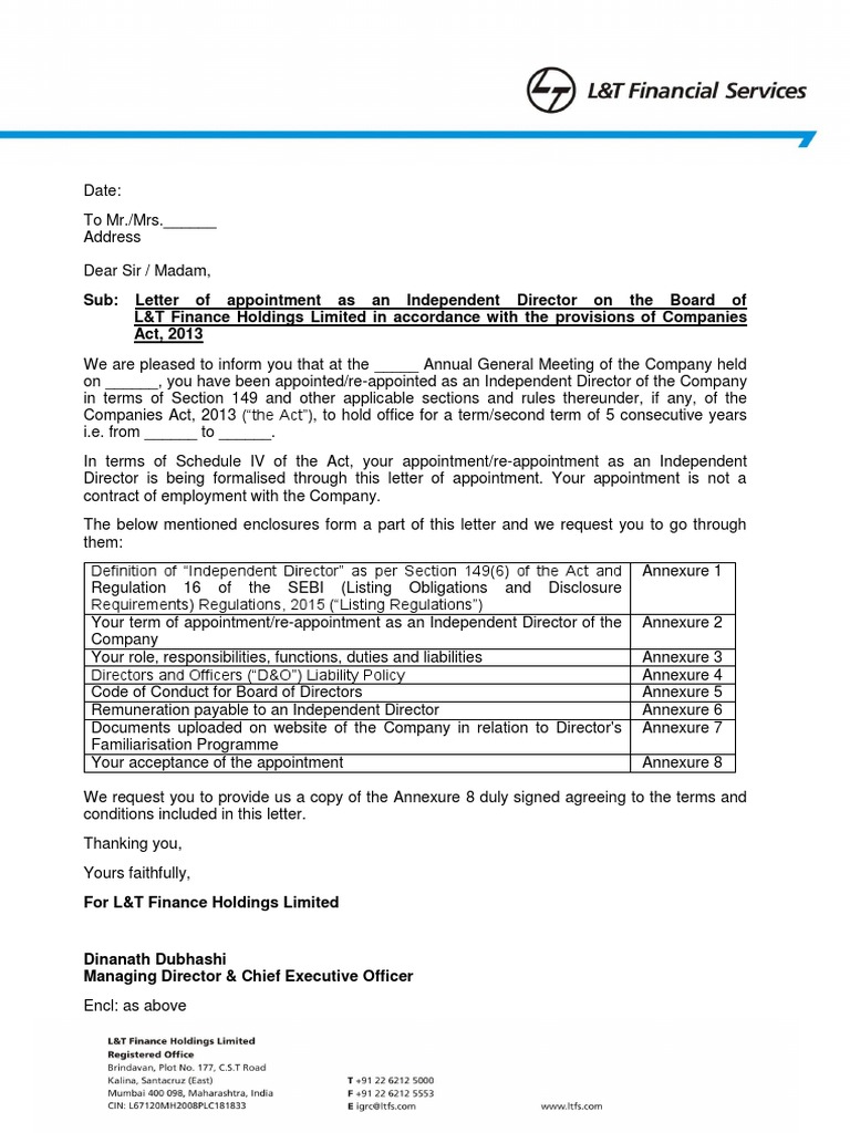 Draft Independent Director Appointment Letter | PDF | Board Of ...
