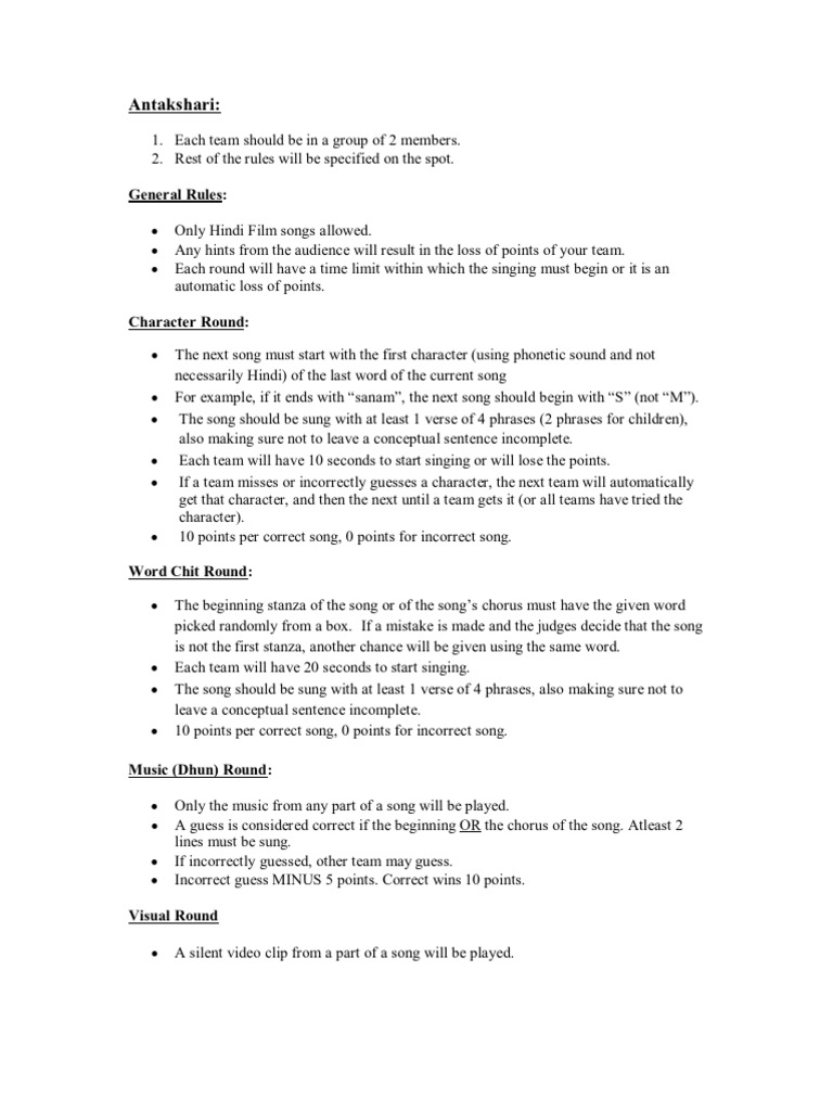 Rules for an Antakshari Singing Competition | PDF