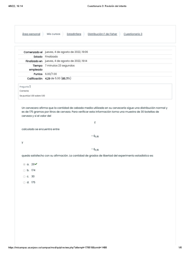 Cuestionario 3 - Estadística Inferencial IND | PDF