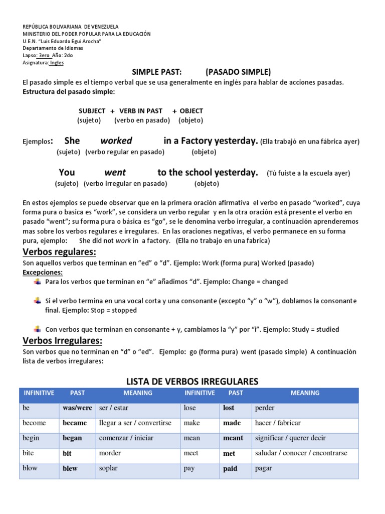 1era Leccion Pasado Simple | PDF | Verbo | Asunto (gramática)
