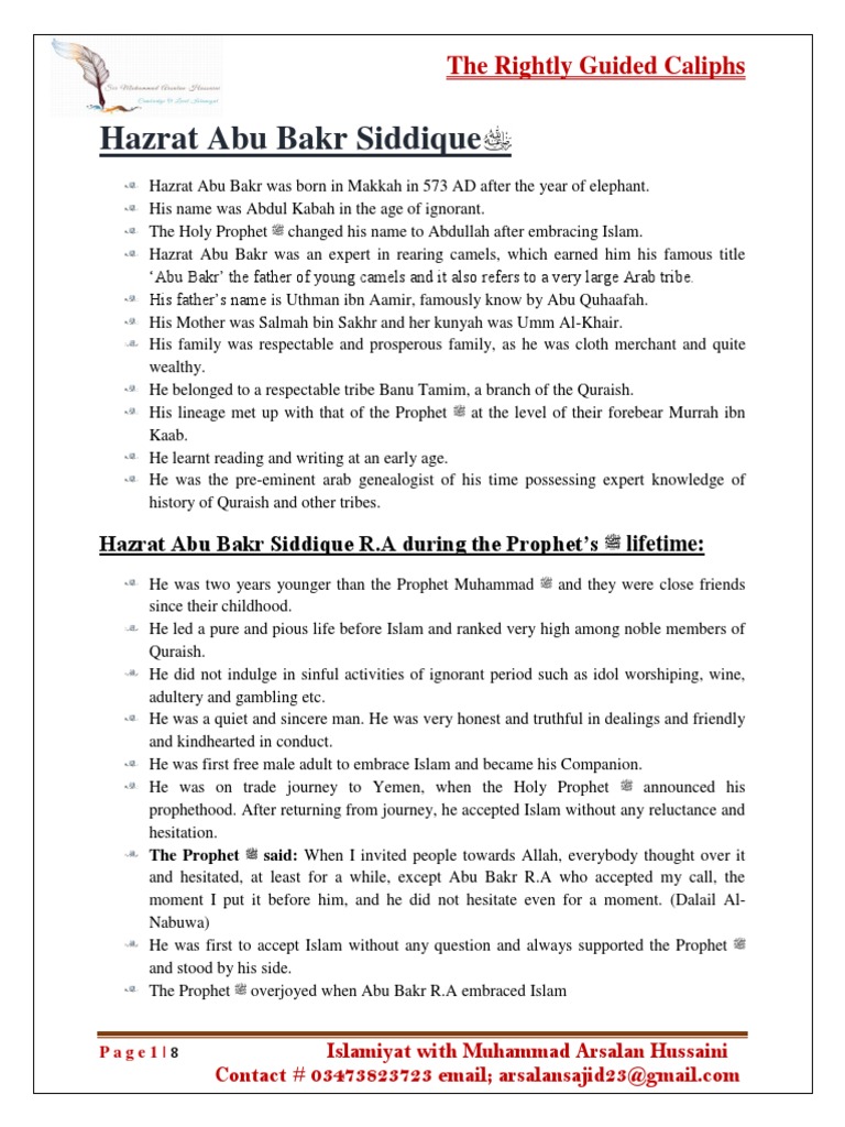 Hazrat Abu Bakr Siddique R.A by Muhmmad Arsalan Hussaini | PDF | Muhammad | Umar