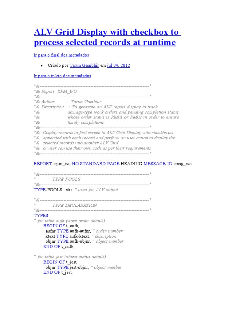 ALV Grid Display With Checkbox To Process Selected Records at Runtime | PDF | Systems ...