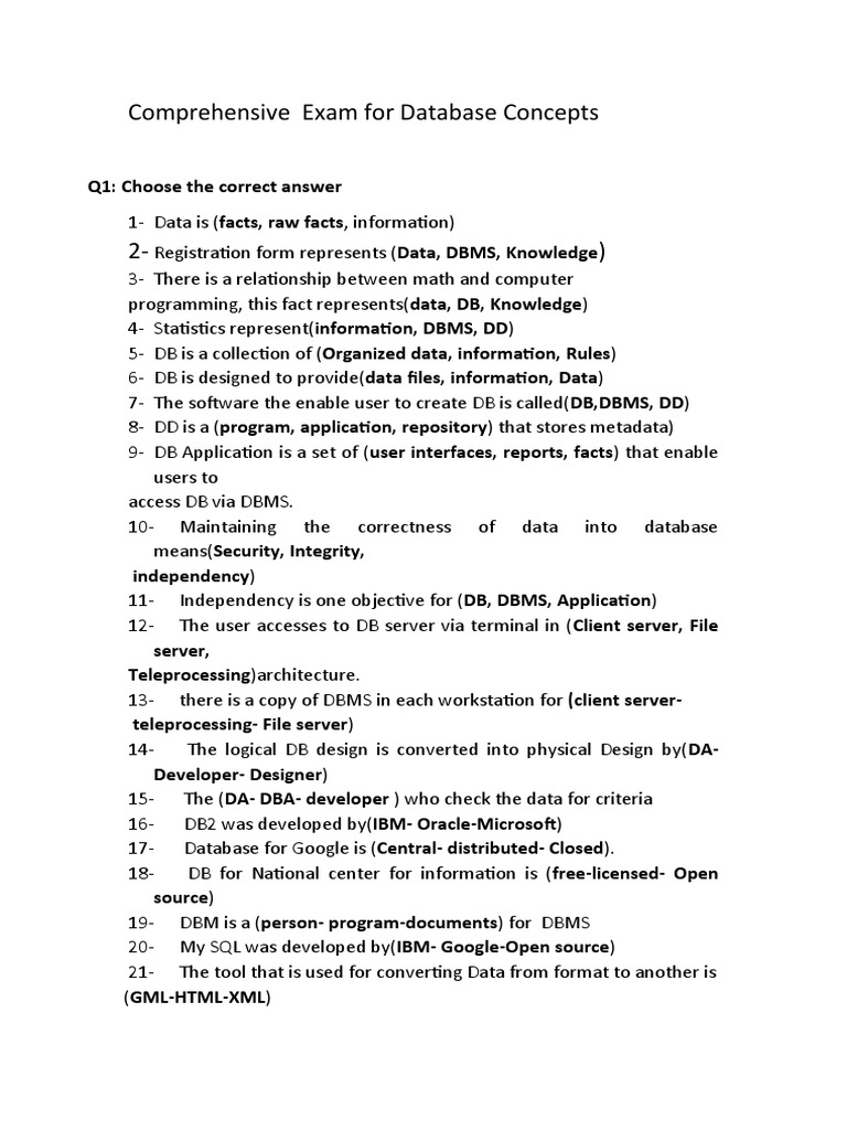 Comprehensive Exam For Database Concepts | PDF | Databases | Relational Database
