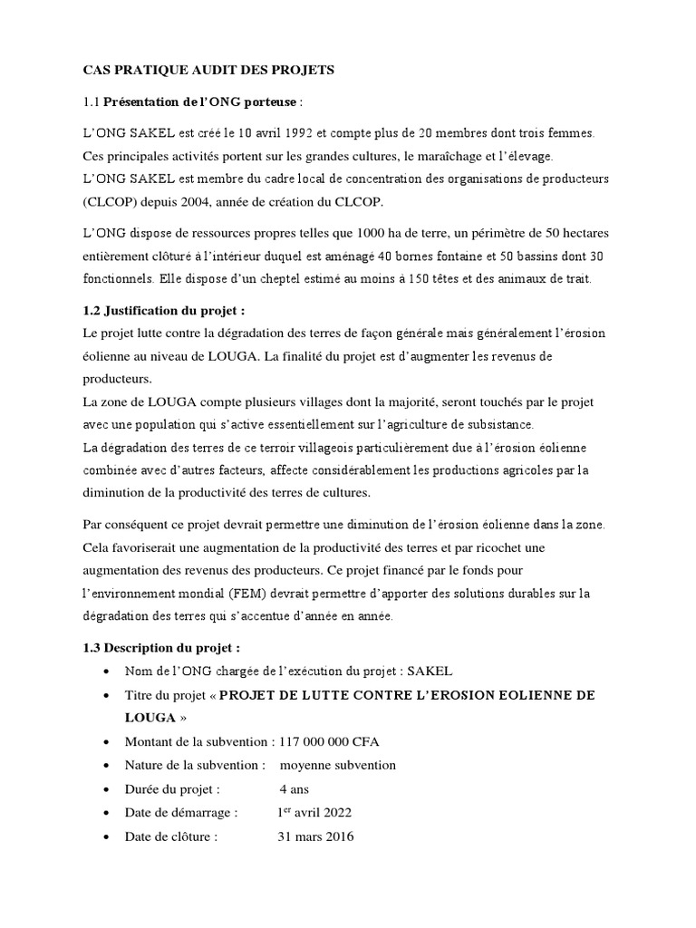 Audit des Projets de l'ONG SAKEL | PDF | Agriculture | Budget