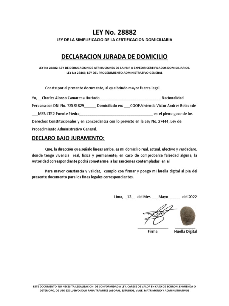 Ley 28882 simplifica certificados domiciliarios | PDF