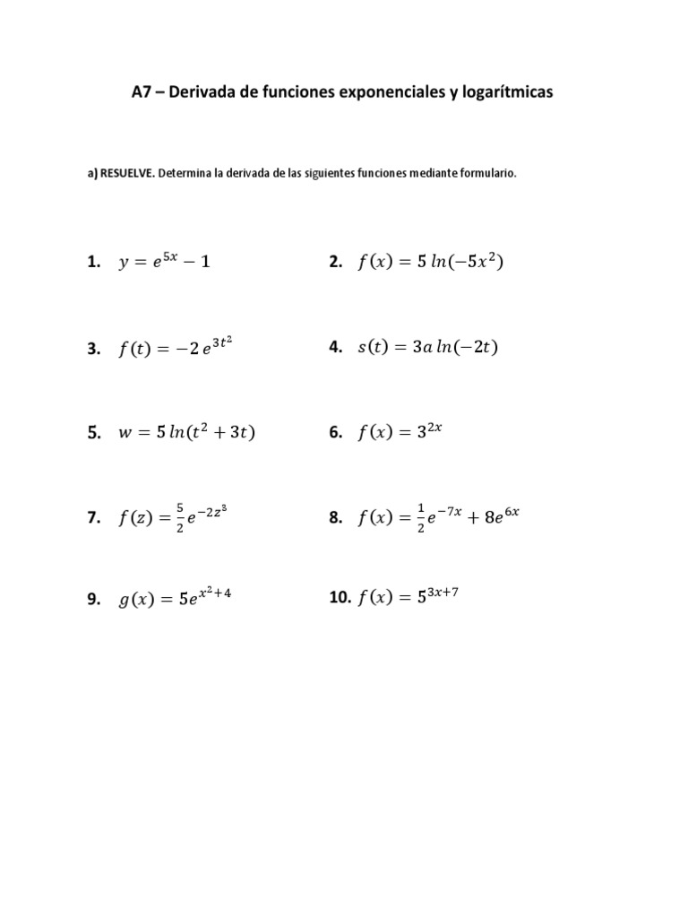 A7 - Derivada de Funciones Exponenciales y Logarítmicas | PDF