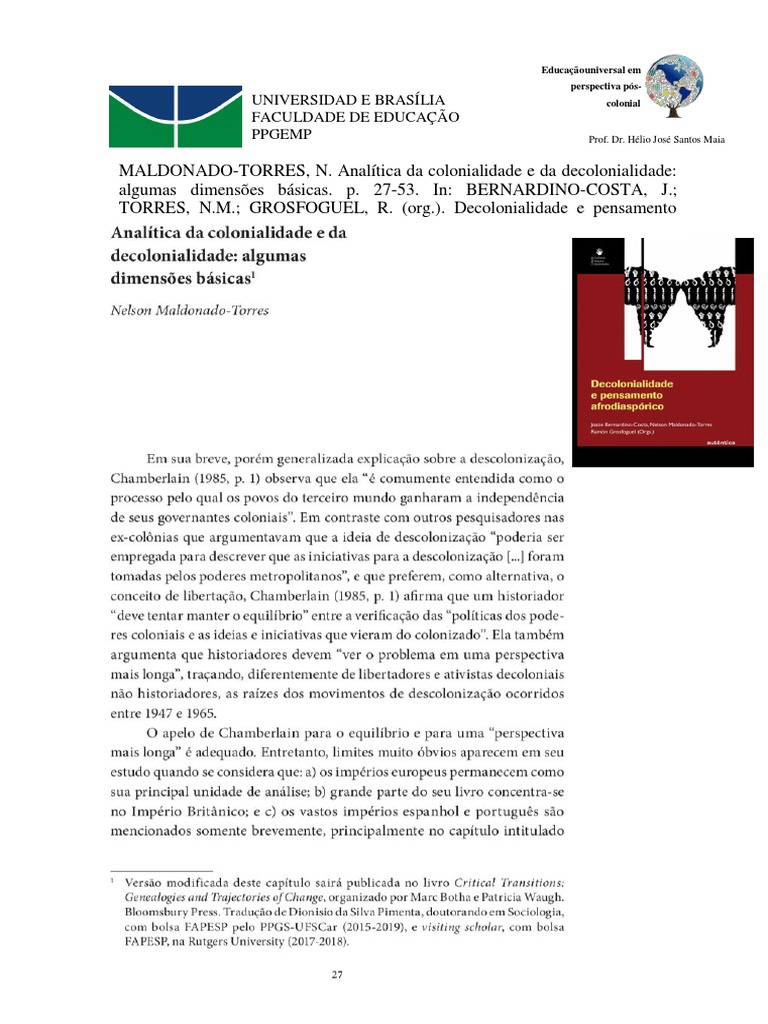 MALDONADO-TORRES, N. Analítica Da Colonialidade e Da Decolonialidade ...