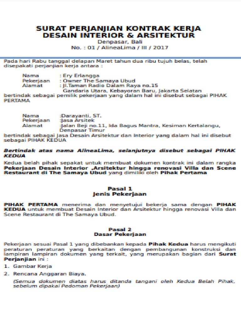 Contoh Template Kontrak Kerja Untuk Desain Interior - Arsitektur | PDF