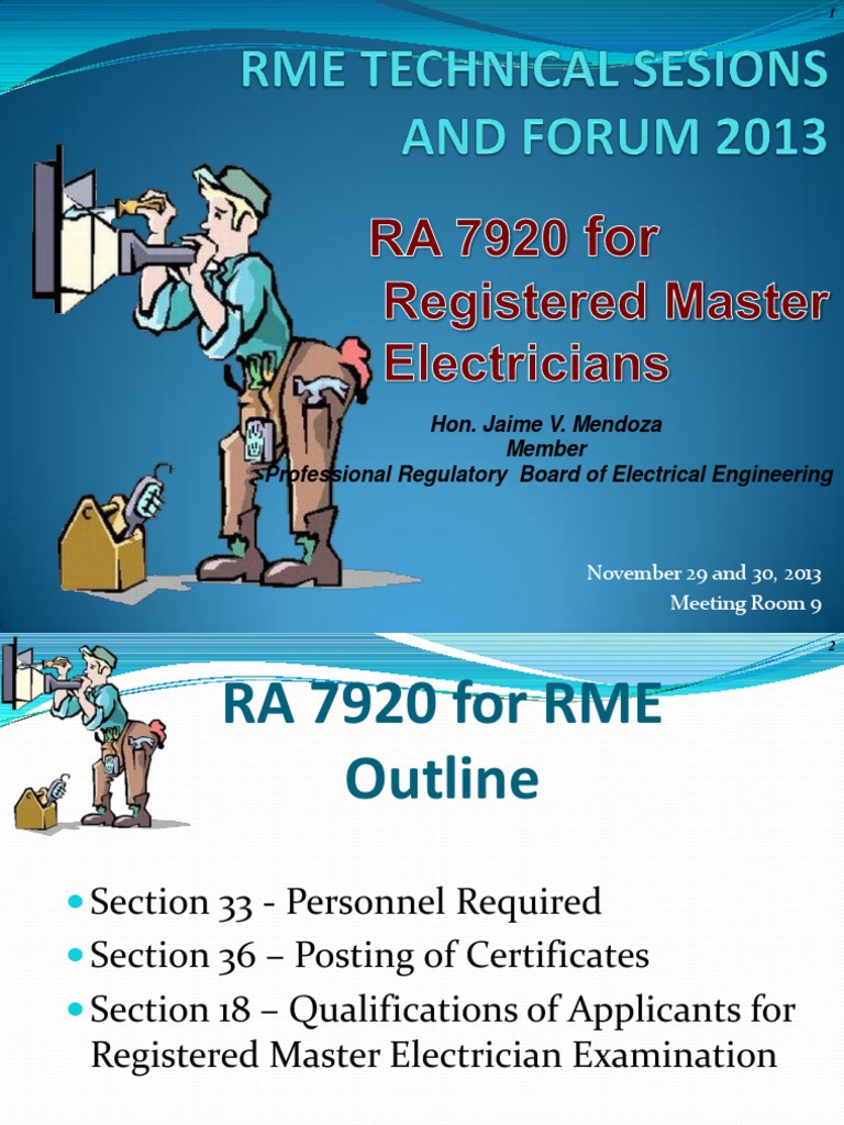 RA 7920 For RME (Jaime Mendoza) | PDF | Electrician | Electromagnetism