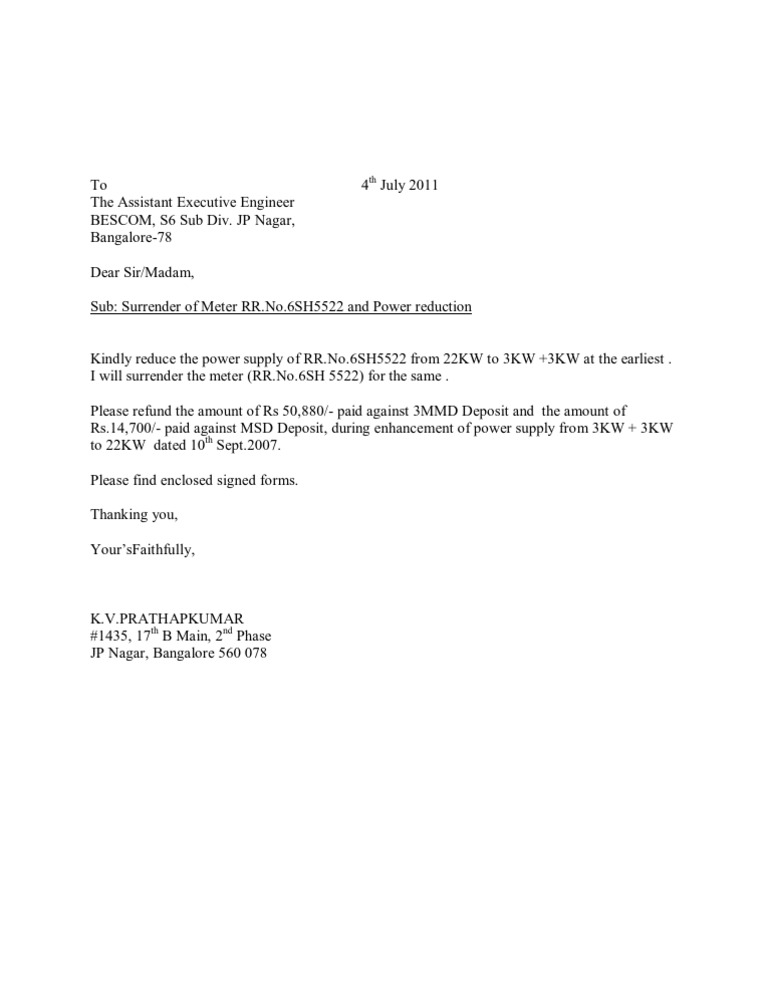 BESCOM Meter Surrender Letter Format | PDF | Science & Mathematics ...