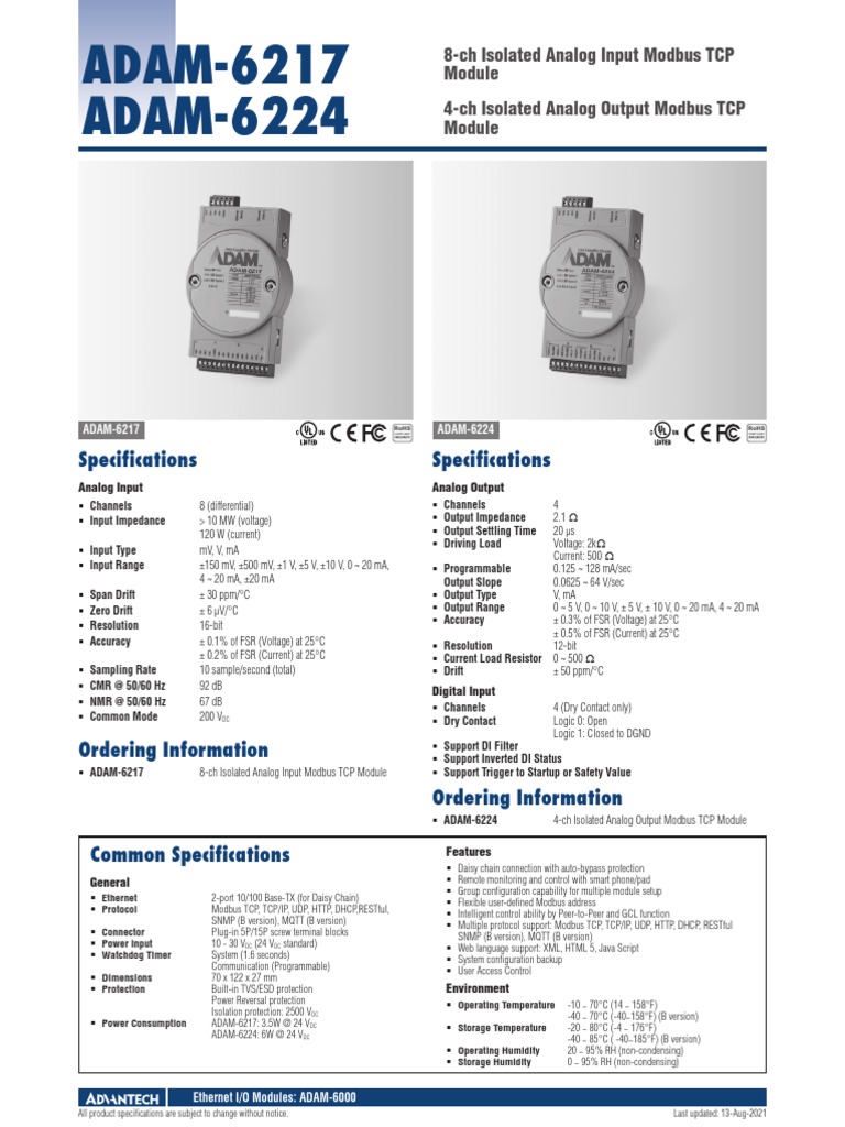 Specification Sheets for ADAM-6217 8-Channel Analog Input Module and ADAM-6224 4-Channel Analog ...