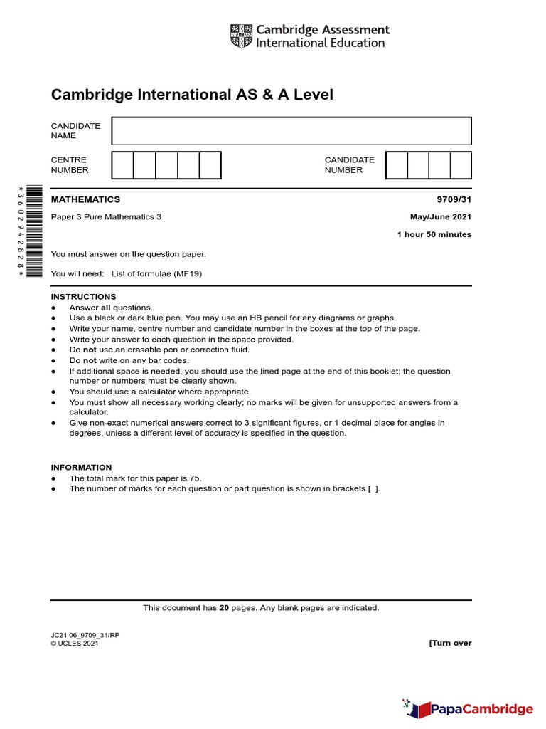 Cambridge International AS & A Level: Mathematics 9709/31 | PDF ...
