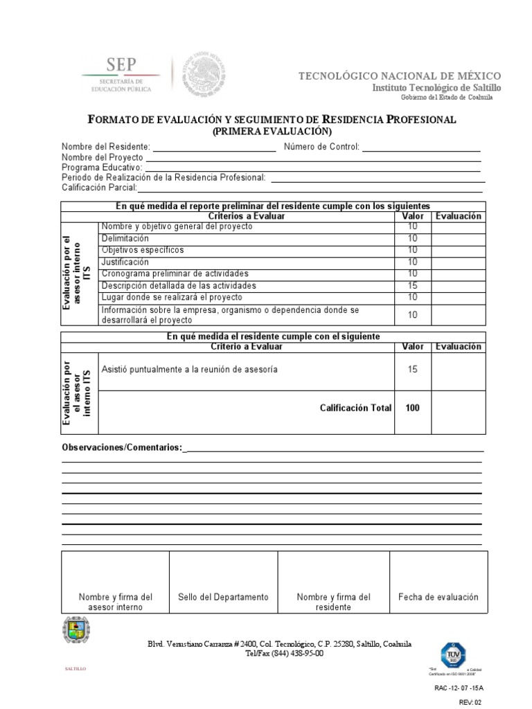 Formato de Evaluacion Residencia - A-D-18-RAC-12-07-15 | Descargar gratis PDF | Evaluación ...