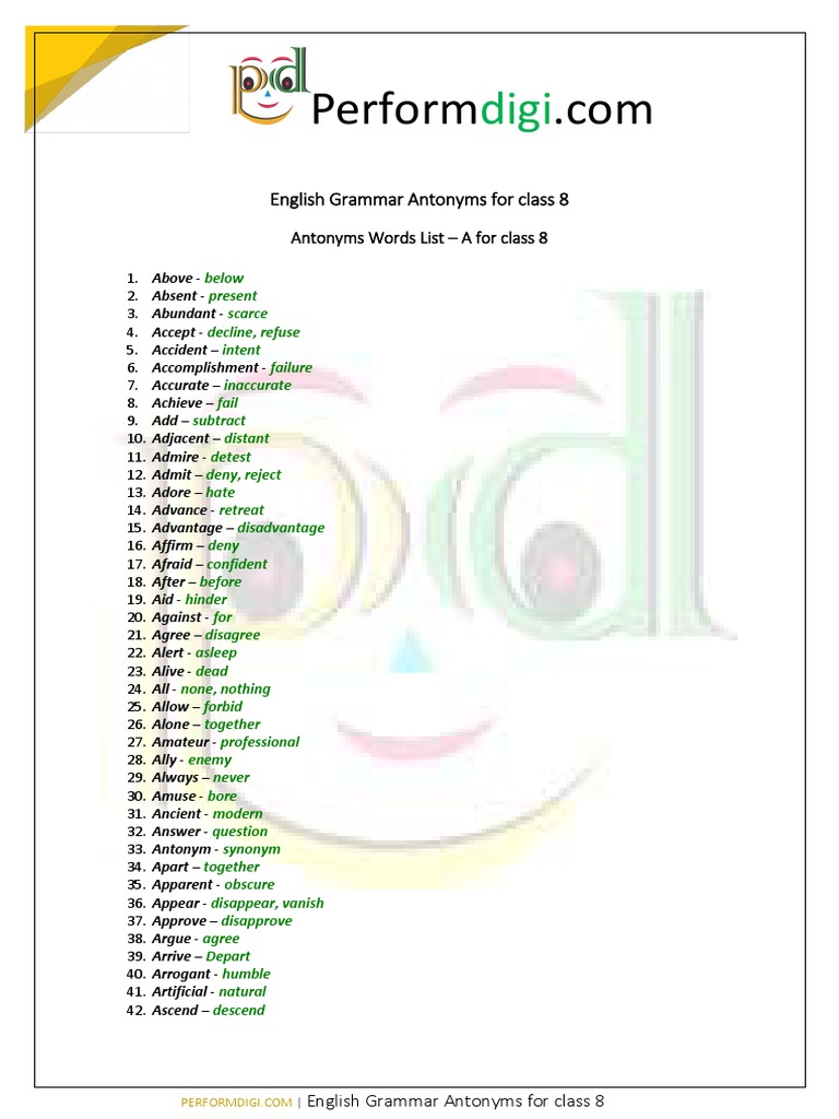 Antonyms For Class 8 | PDF | Linguistics