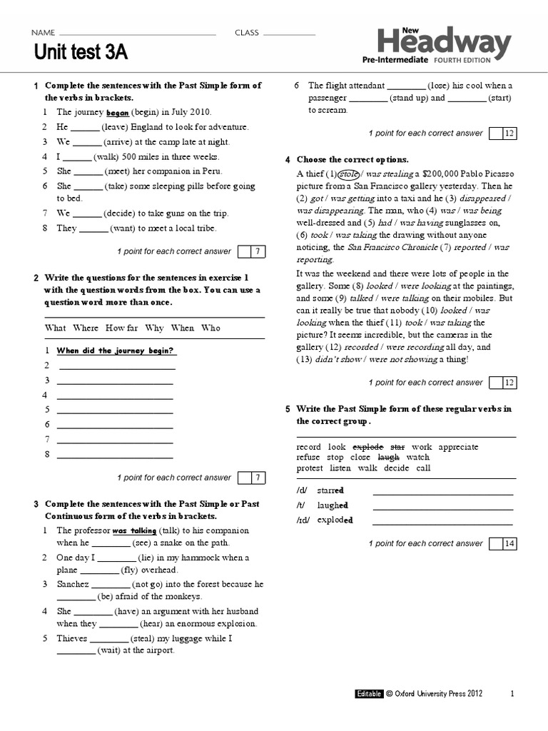 Hwy Pre Int Unittests 3a | PDF | Adverb