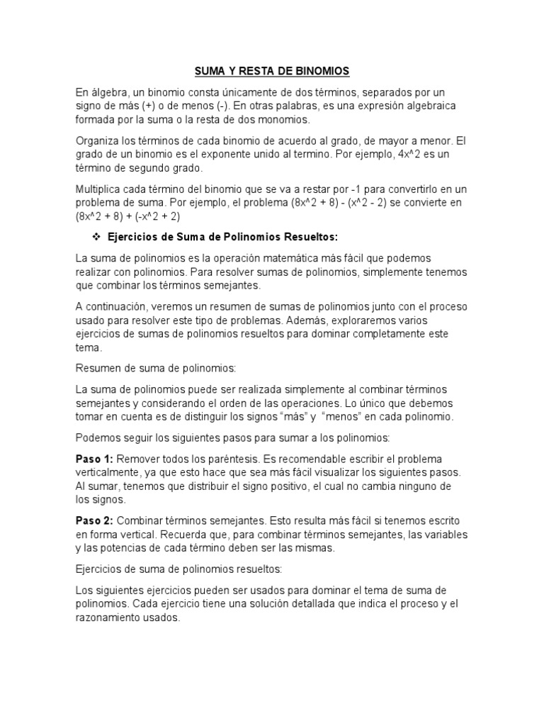 Suma y Resta de Binomios | PDF | Sustracción | Matemáticas Aplicadas