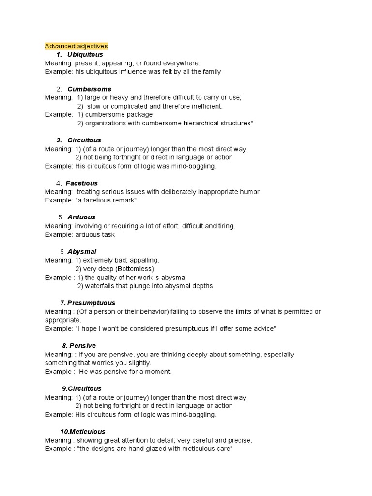 Advanced Adjectives and Synonyms Guide | PDF | Cognitive Science ...