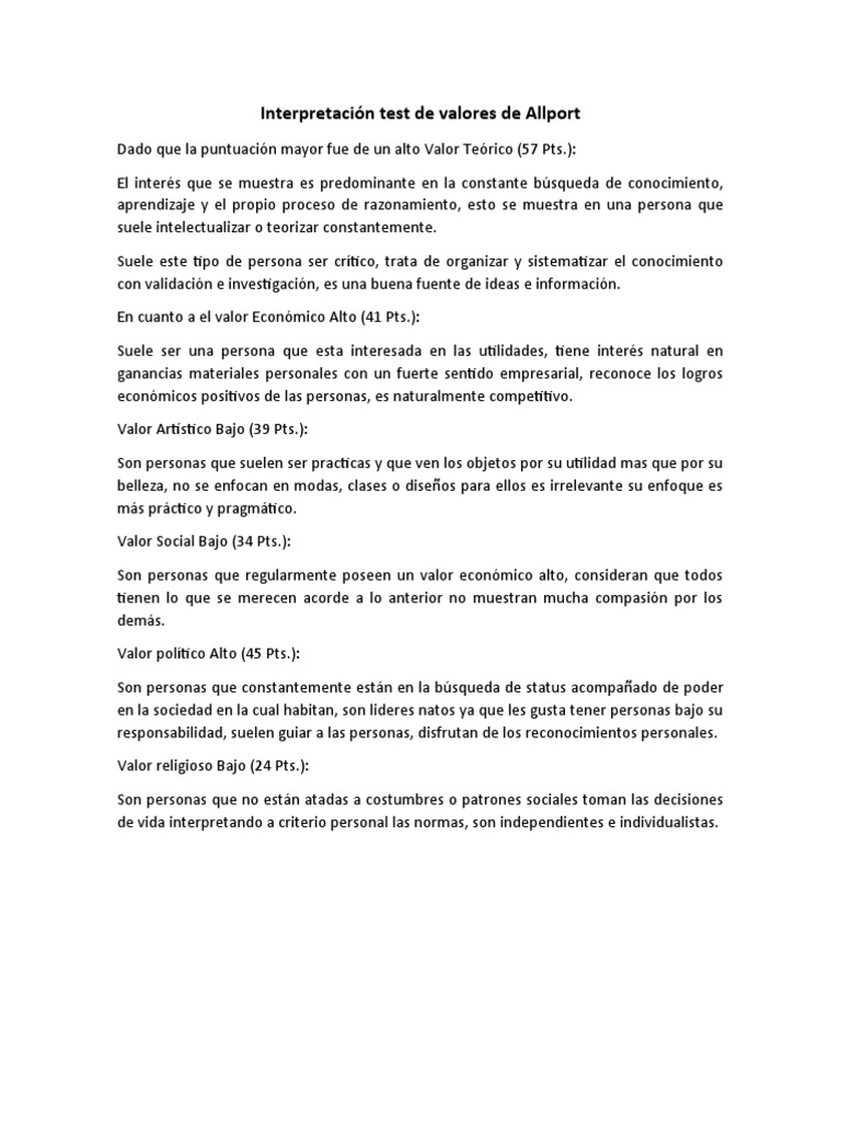 Interpretación Test de Valores de Allport | PDF
