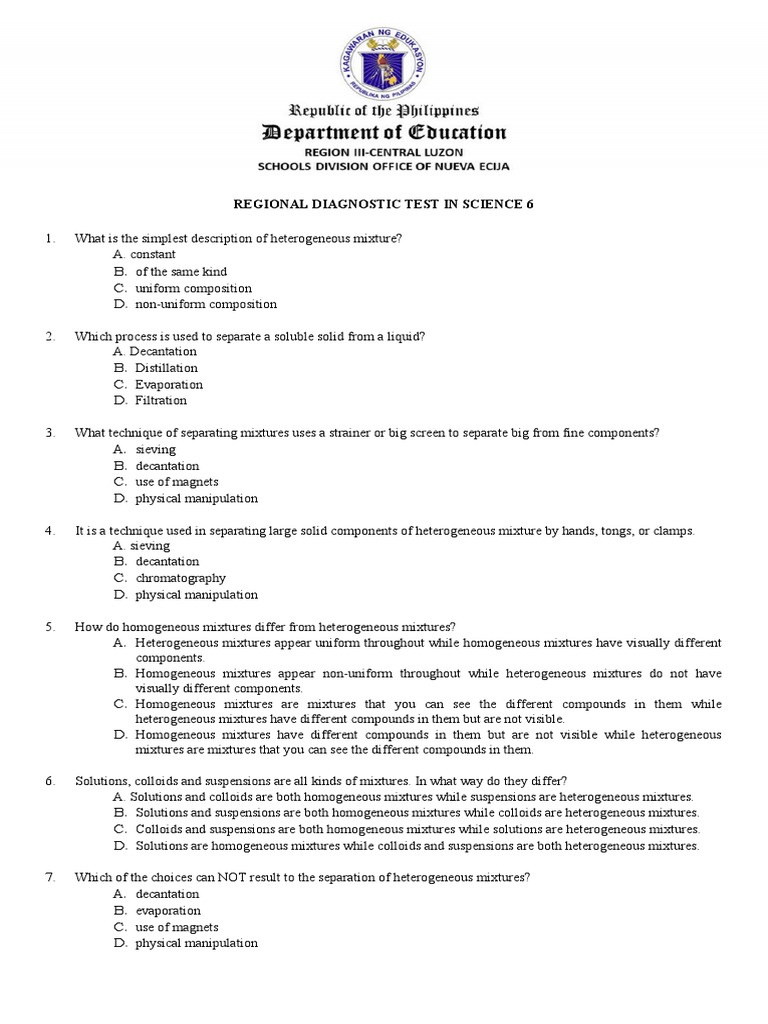 Regional Diagnostic Test in Science 7 | PDF | Mixture | Types Of ...