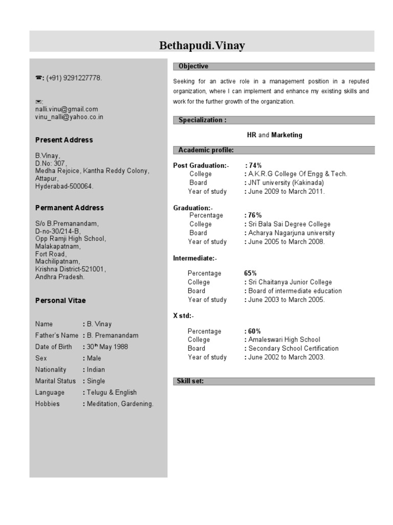 Vinay Mba Cv. | PDF | Employment | Applied Psychology