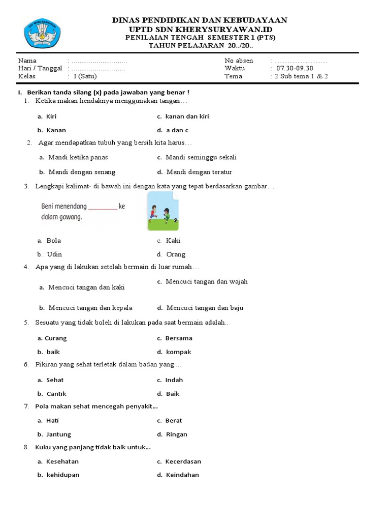 Soal PTS Kelas 1 Tema 2 Sub 1&2 - (WWW - Kherysuryawan.id) | PDF