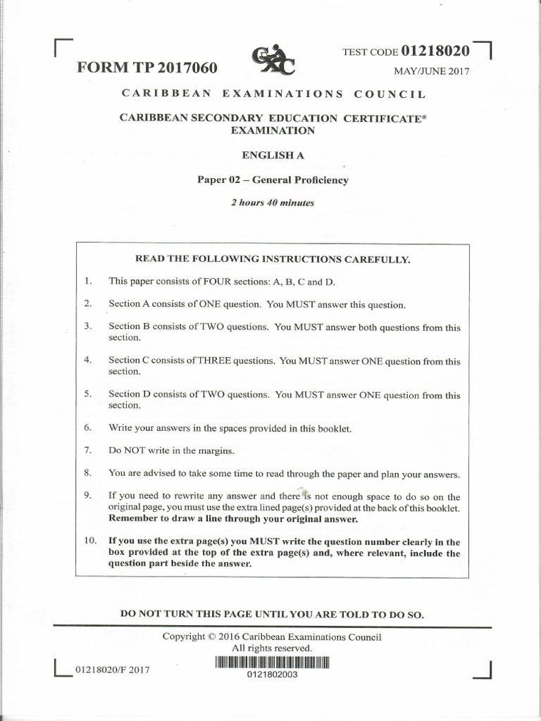 CXC CSEC Many-June 2017 - English A Paper 2 | PDF