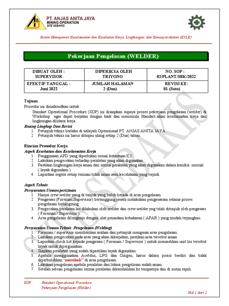 SOP - Pekerjaan Pengelasan | PDF