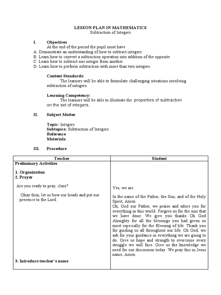 Subtraction of Integers Lesson Plan | PDF | Subtraction | Mathematics
